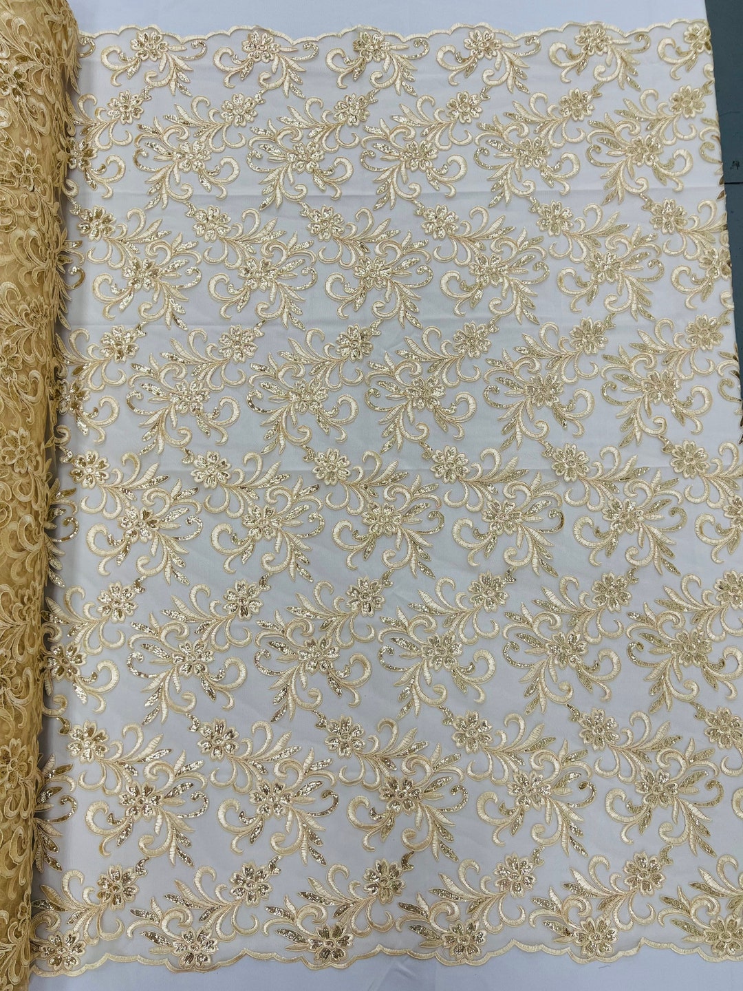 Champagne Floral Lace Fabric, by the Yard - Embroidery With Sequins on ...