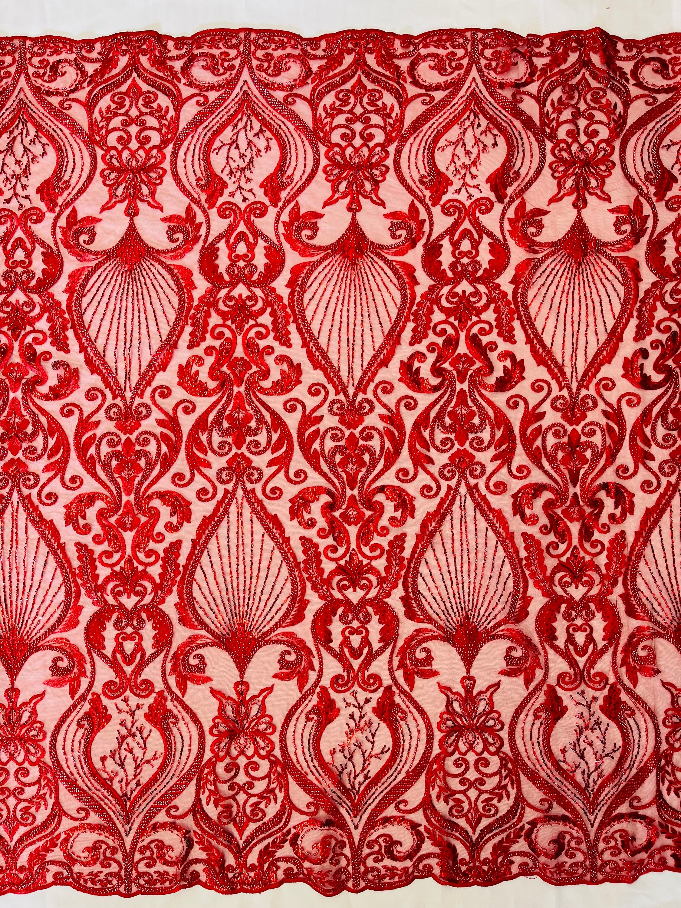 Red Beaded Fabric by the Yard, Bridal Heavy Beaded on a Mesh, Damask ...