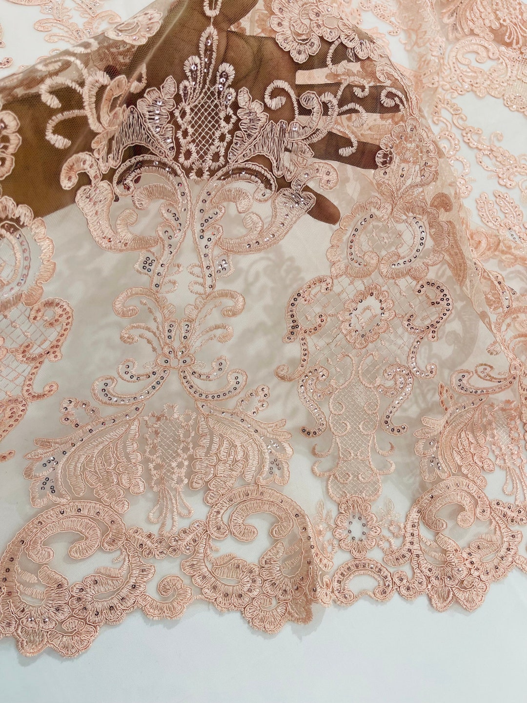 Blush Pink King Lace Fabric, Corded Flower Embroidery With Sequins on a ...