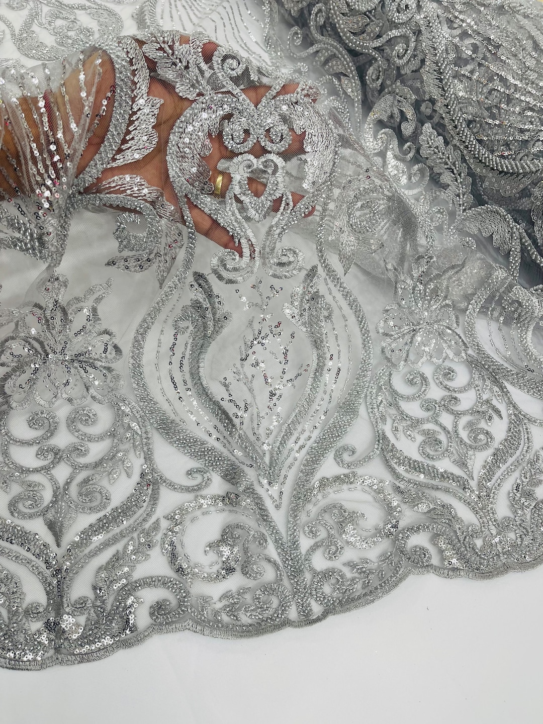 Silver Beaded Fabric by the Yard, Bridal Heavy Beaded on a Mesh, Damask ...