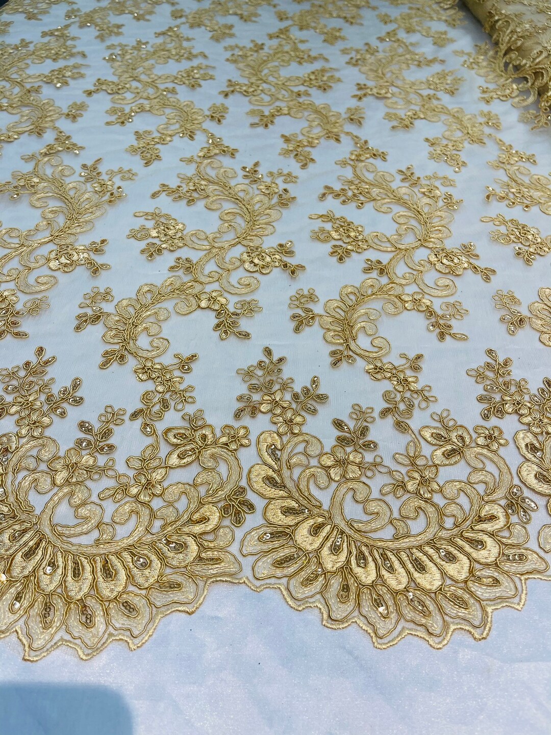 Gold Floral Lace Fabric: Embroidered Sequins Mesh, Bridal Gown Lace by ...