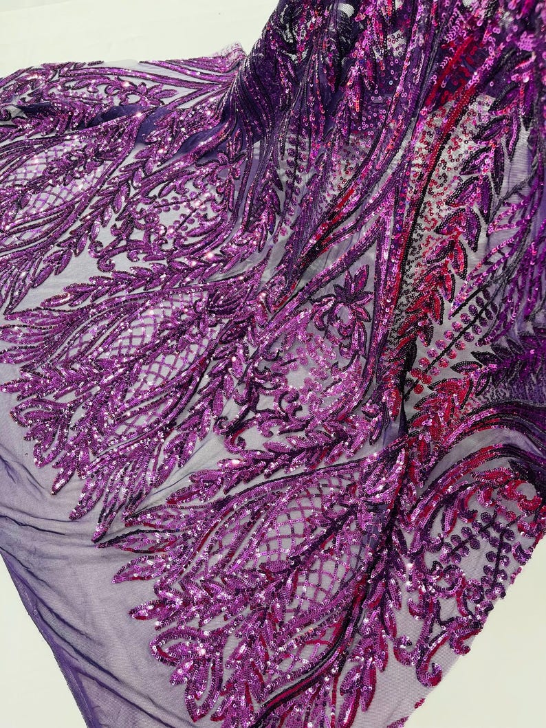 Purple Sequin Fabric 4 Way Stretch Damask Design Sequins on Spandex ...