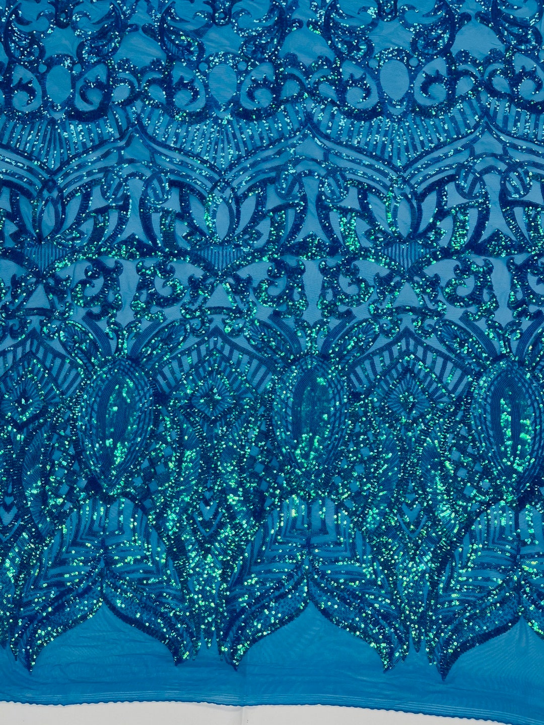 New Iridescent Turquoise Sequins on Mesh, Royalty Design on a Mesh 4way ...