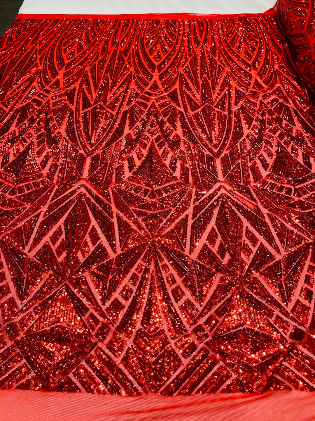 Red Sequins on Power Mesh, Geometric Design Embroidered on a Mesh 4way ...