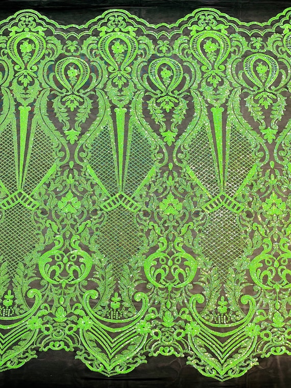 Neón Green Sequin Fabric on Black Mesh Damask Design on a 4 | Etsy
