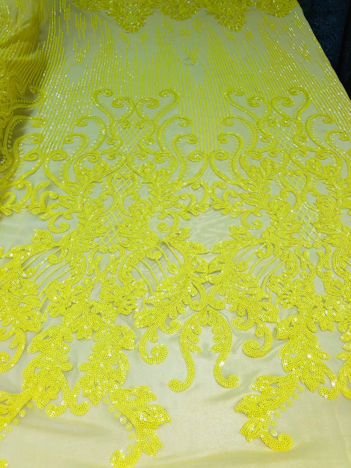 Yellow Sequin Lace Fabric – Embroidered Damask Design on Mesh - Etsy