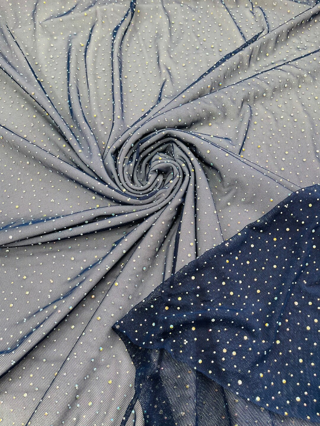 Navy Blue | AB Rhinestones Fabric on Navy Power Mesh Polyester Spandex ...