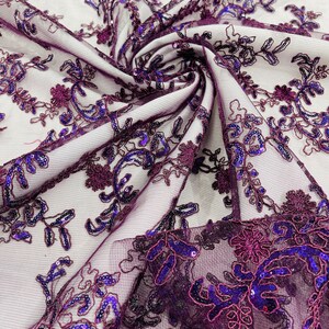 Plum Floral Sequin Lace Fabric, Embroidery With Sequins on a Mesh Lace ...