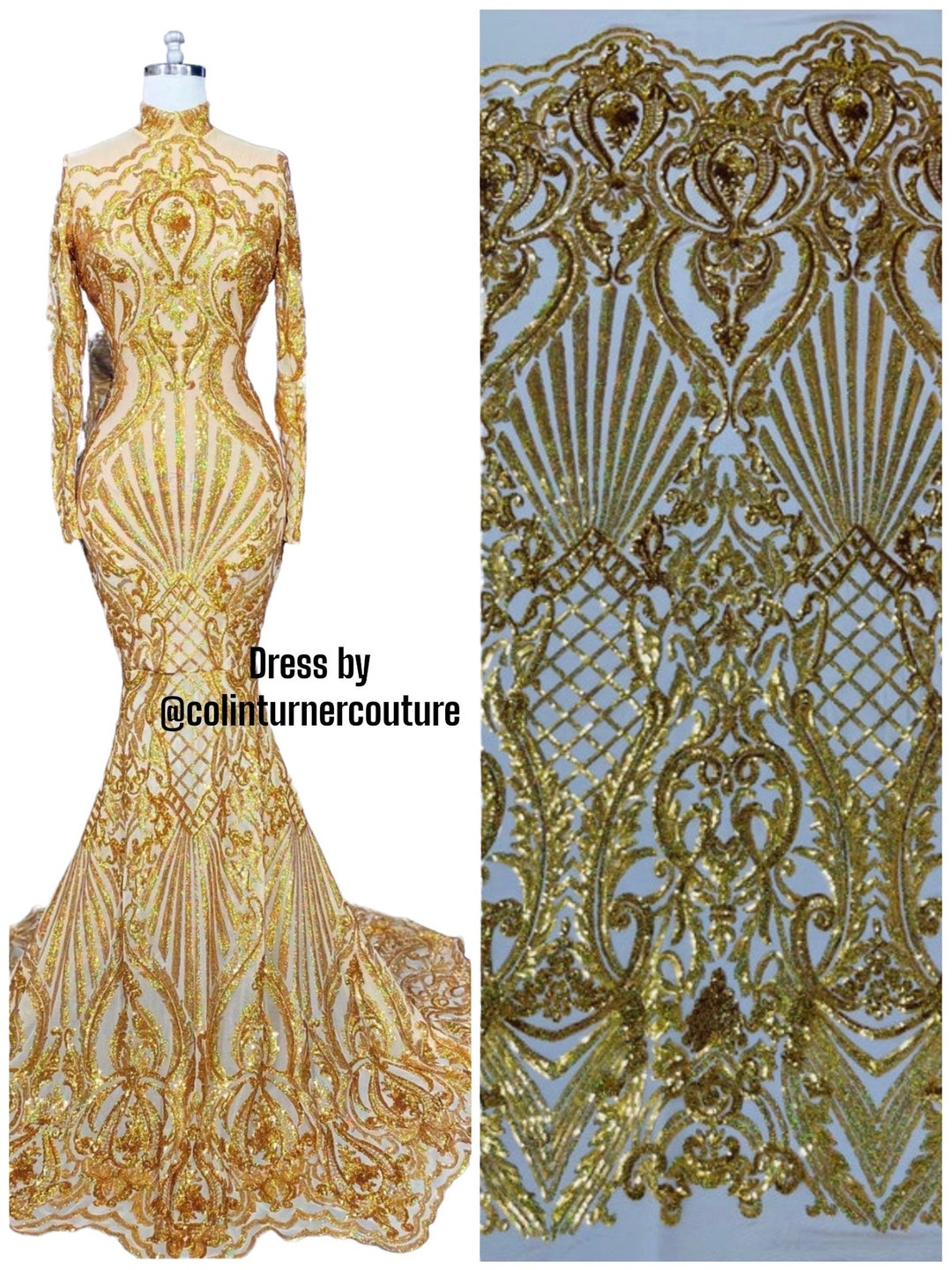 Gold Holographic Sequin Fabric, Selena Damask Design on a 4 Way Stretch ...