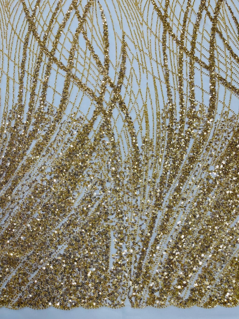 Gold Beaded Sequin Fabric: Bridal Wedding Appliqué Lace, Wavy Plant ...