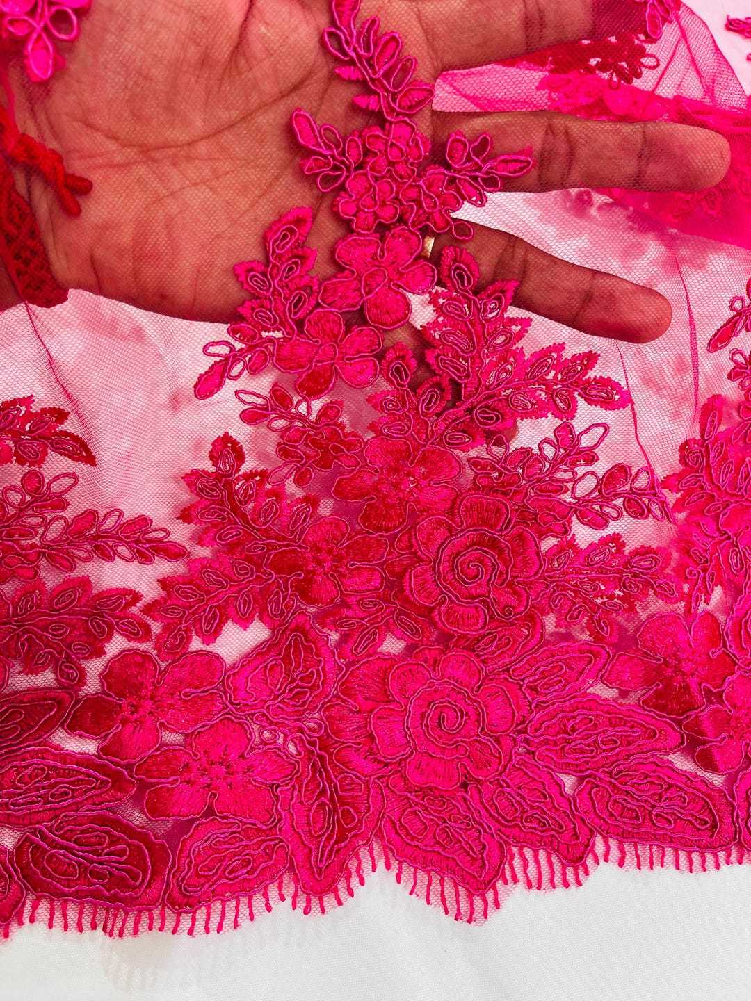 Fuchsia 3D Flower Embroidery Lace Fabric by the Yard, Corded 3D Flower ...