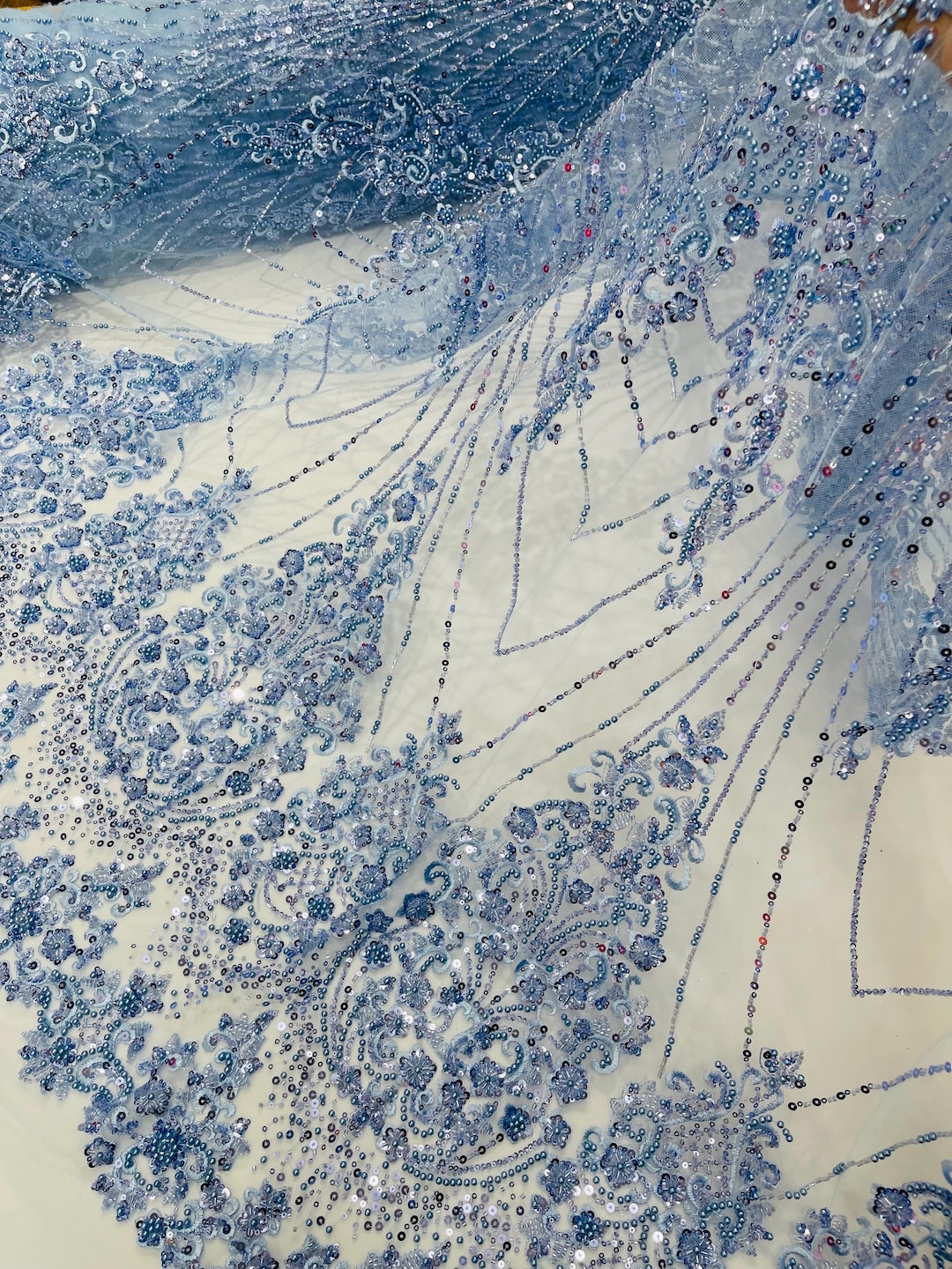 Blue Beaded Fabric by the Yard, Luxury Geometric Design Beads and ...