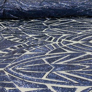 Navy Blue Sequins on Mesh, Geometric Design Embroidered on a Mesh 4way ...