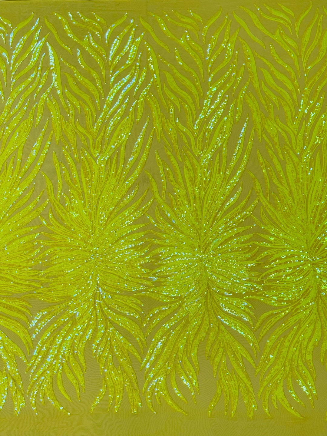 Yellow Iridescent Sequin, Yellow Mesh - 4 Way Stretch Sequin Fabric ...