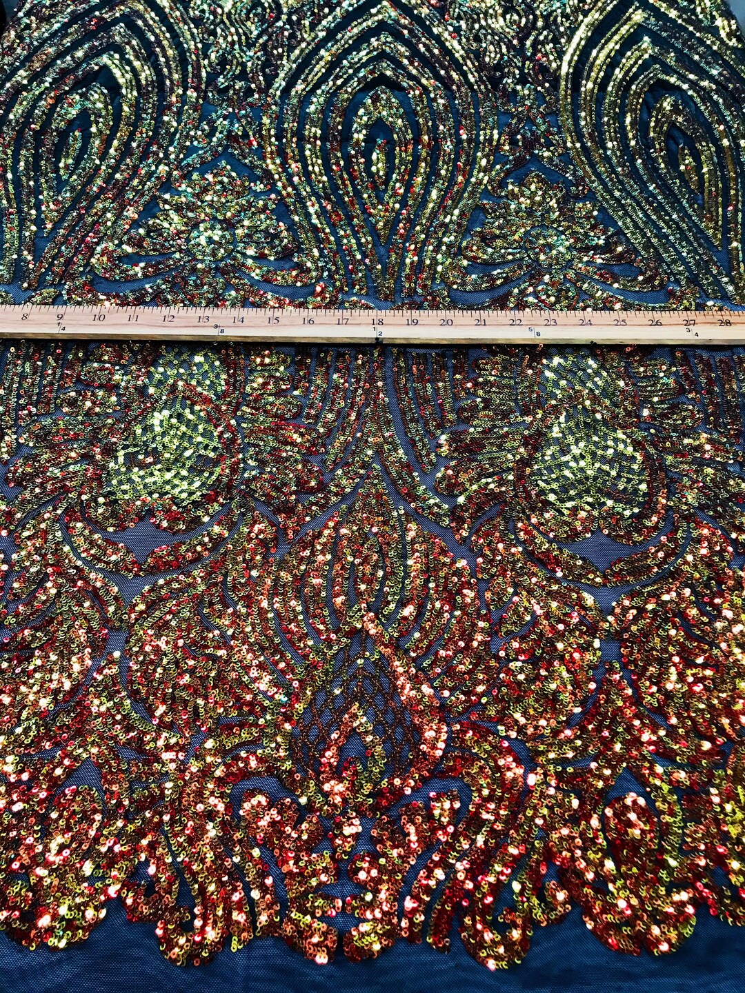 Iridescent Orange Sequin - 4 Way Stretch Sequin Fabric Damask Aria ...