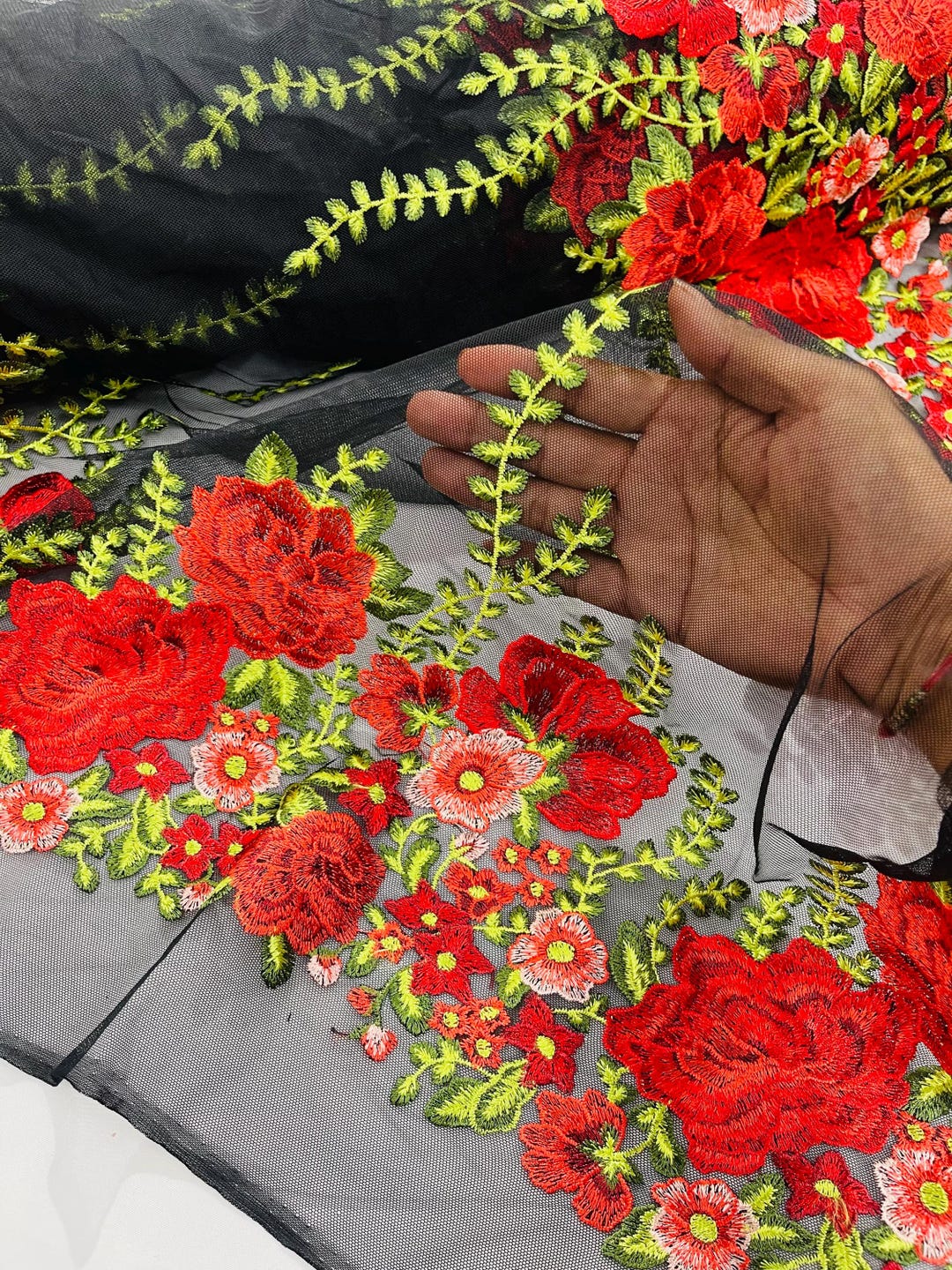 Red Oaxaca Floral Embroidery Lace Fabric, Black Mesh, Mexican Sarape - Etsy