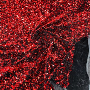 Red Sequin Fabric on Black Stretch Velvet - by the Yard - All Over 5mm ...