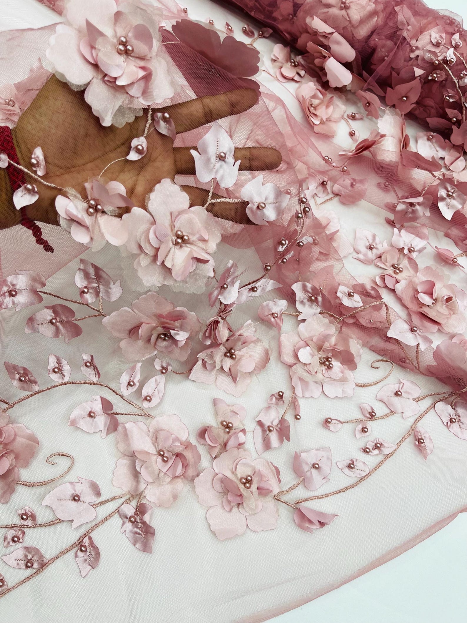 Dusty Rose 3D Floral Lace Fabric With Pearls - Prom Dress Fabric by the ...
