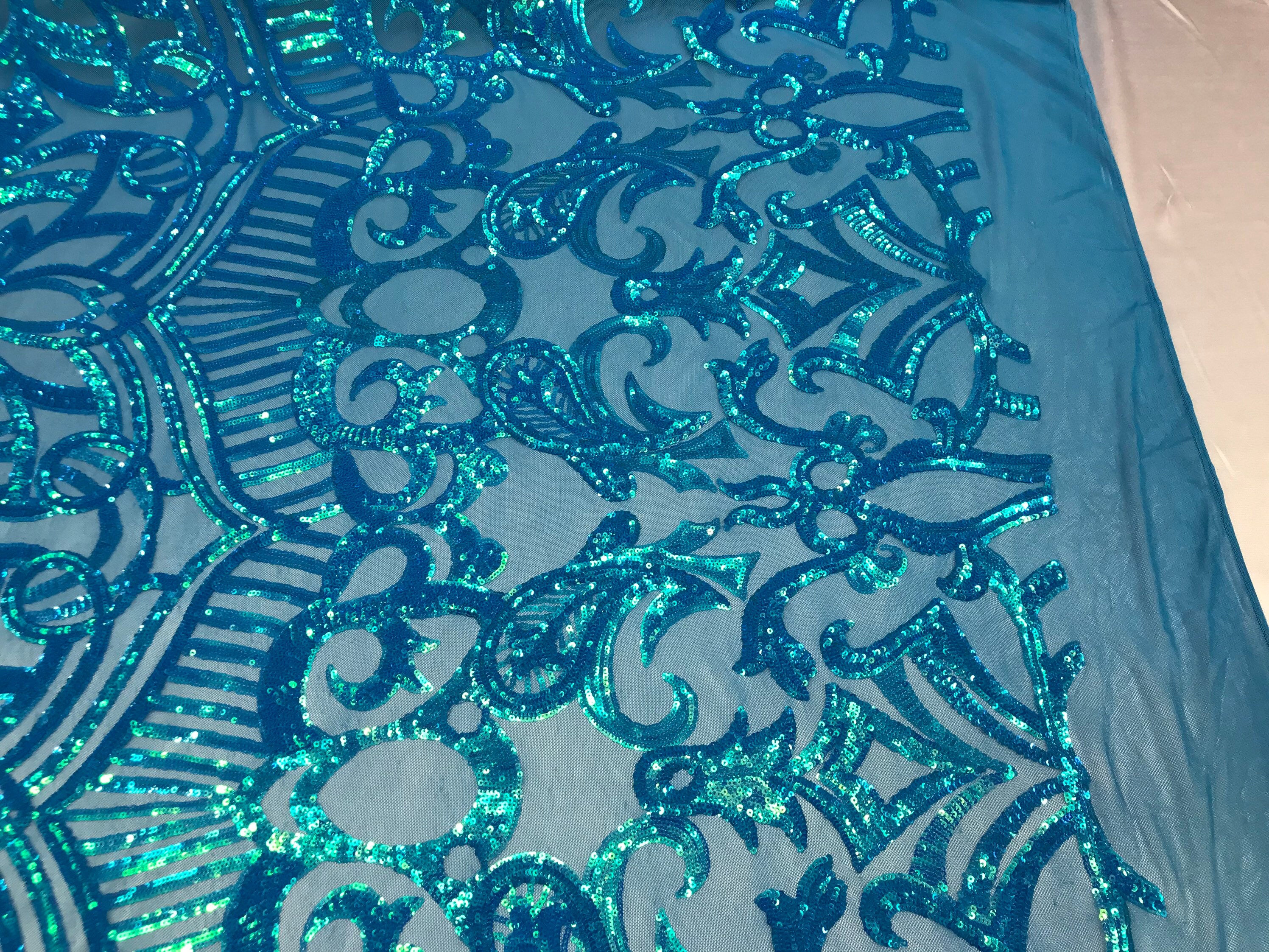 Iridescent Turquoise Sequin Fabric Royalty Design Embroidered | Etsy