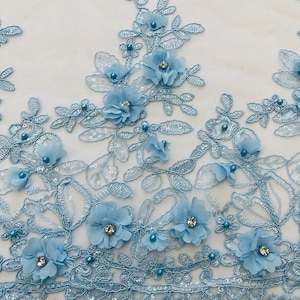 Baby Blue 3D Floral Design Embroidery With Rhinestones on a Mesh by the ...