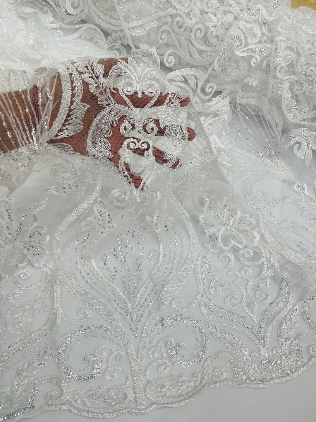 White Beaded Damask Fabric, Bridal Lace on Mesh, Wedding Dress - Etsy