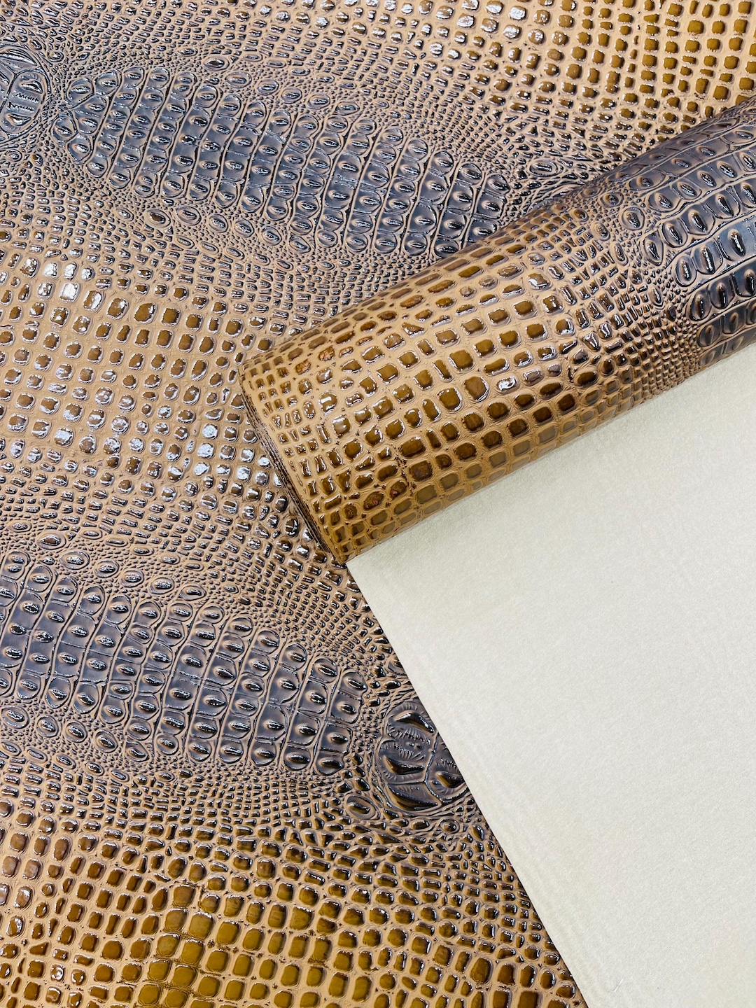 Mocha Brown Gator Embossed Vinyl Fabric: Faux Crocodile Leather ...