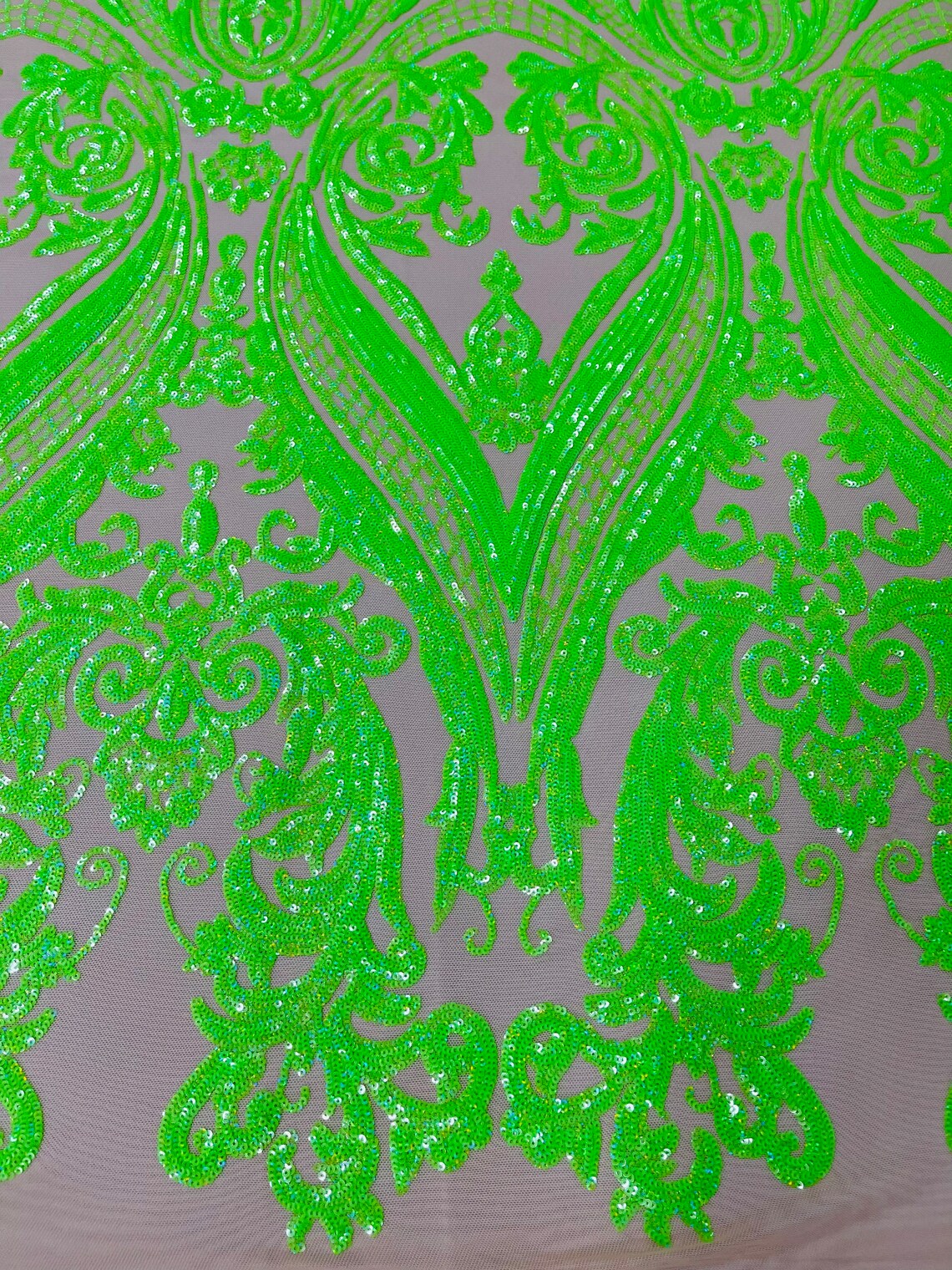 Neón Green Holographic Sequin Fabric by the Yard on Nude Mesh 4 Way ...