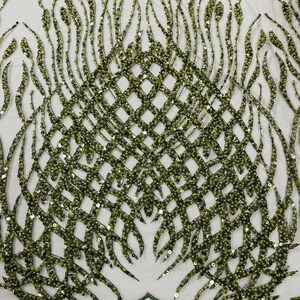 Olive Beaded Fabric by the Yard, Bridal Heavy Beaded, Damask Pattern ...