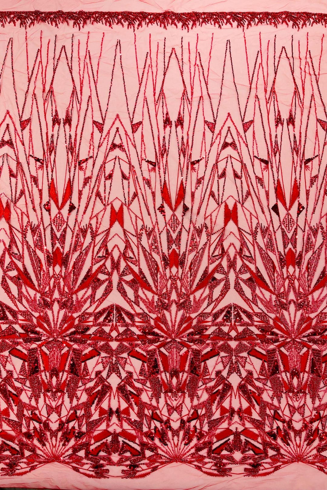Red Beaded Fabric by the Yard, Luxury Geometric Design Beads and ...