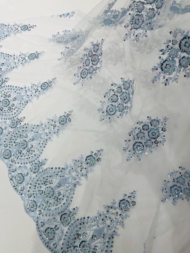 Baby Blue Beaded Floral Lace Fabric, JP Design, Bridal Embroidery - Etsy