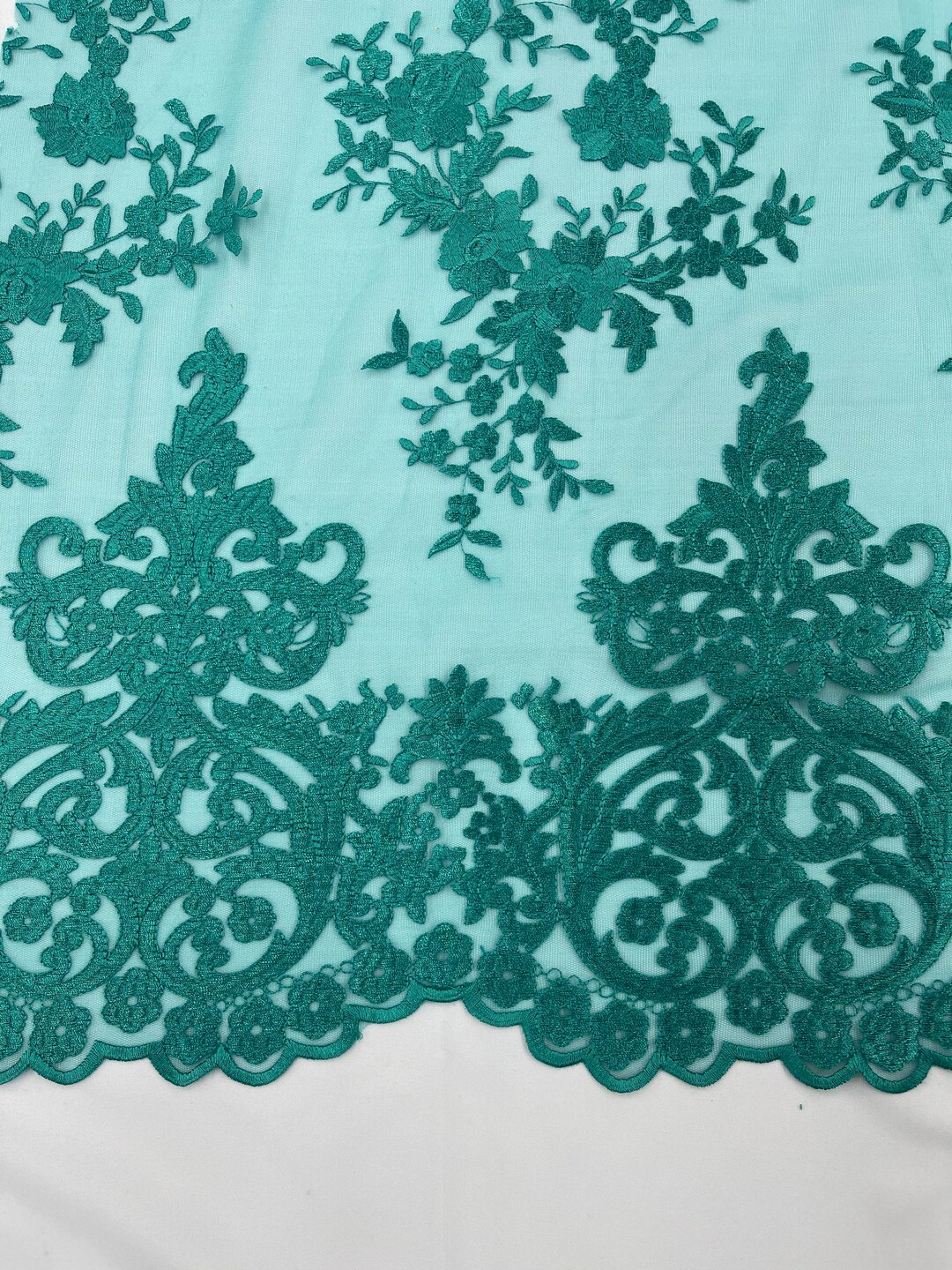 TEAL Damask Design Embroidered on Mesh Lace Fabric, Floral Bridal Lace ...