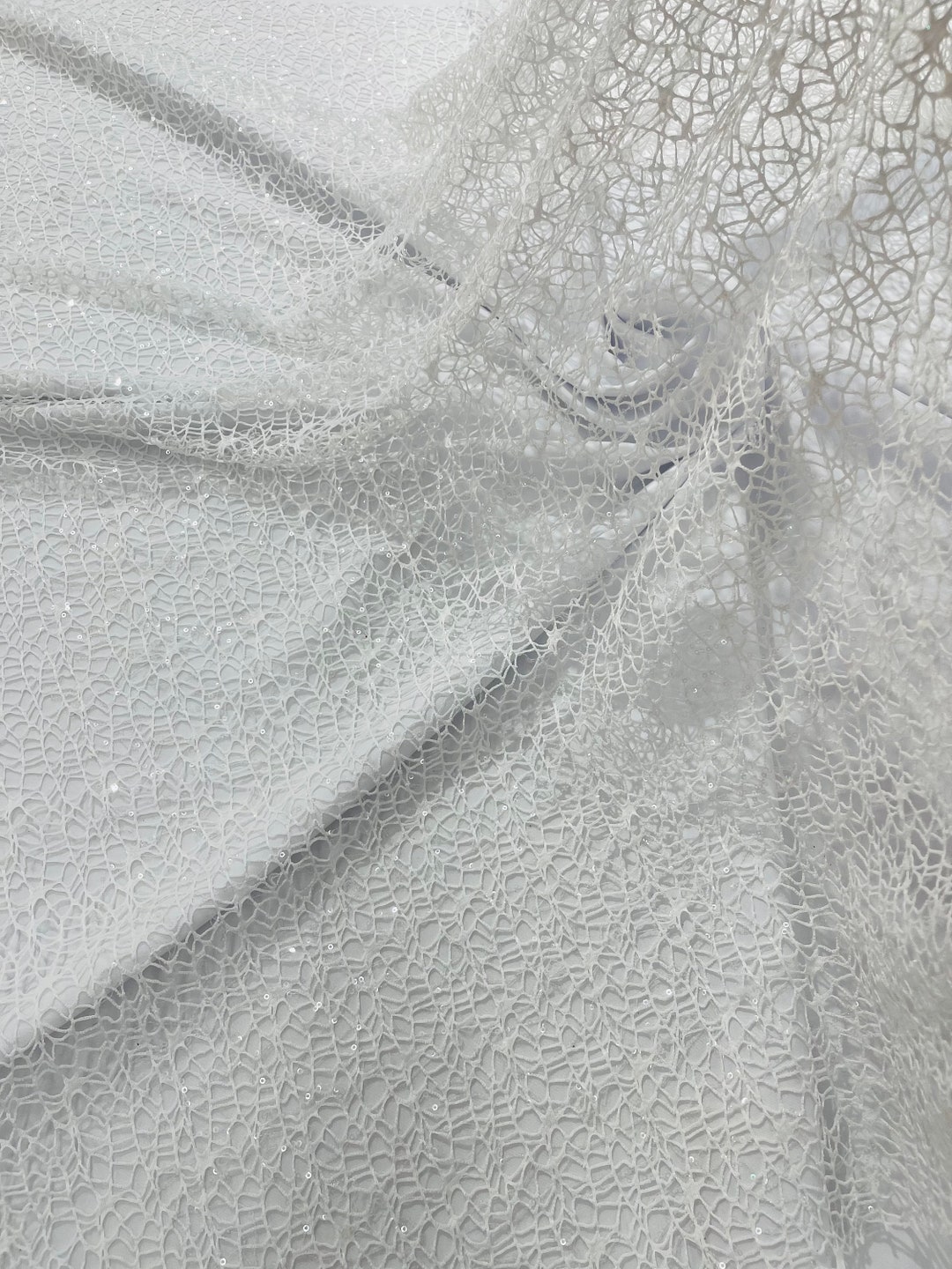 White Mesh Net Fabric, Cast Net Design Clear Sequins Embroidery on Mesh ...