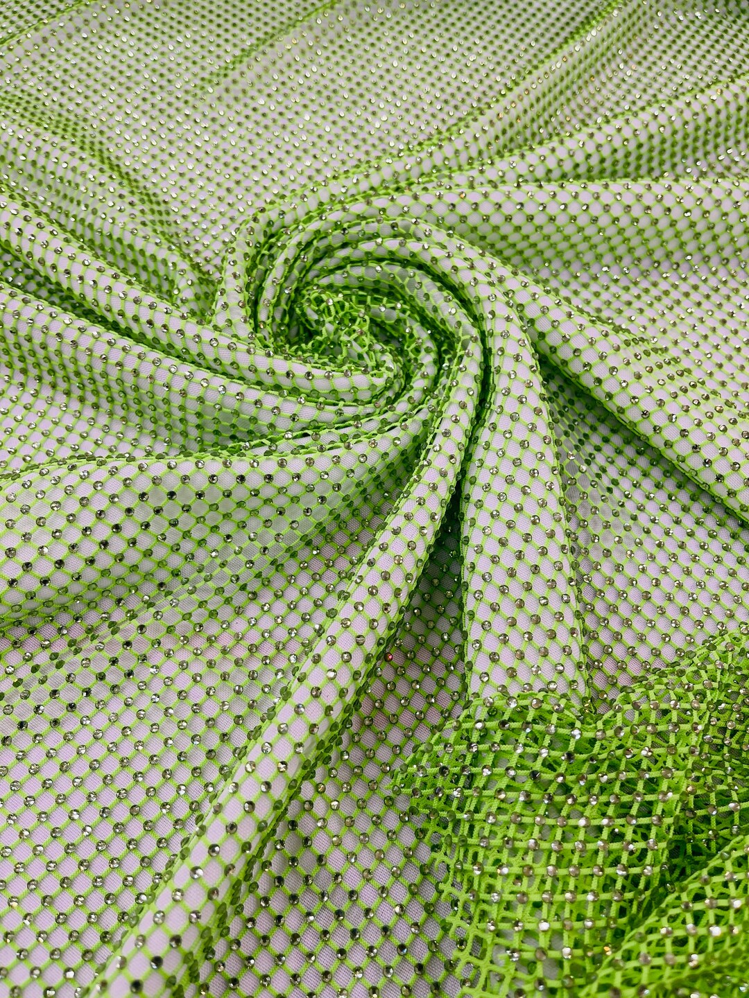 Clear Rhinestones Fabric on Lime Green Stretch Net Fabric, Spandex Fish ...