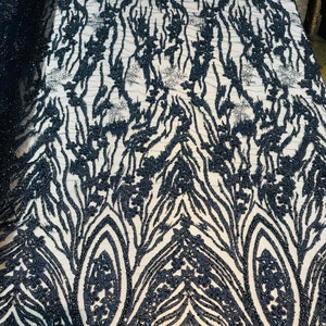 Beaded Fabric - Navy - Embroidered Flower Line Mesh Lace Fabric With ...