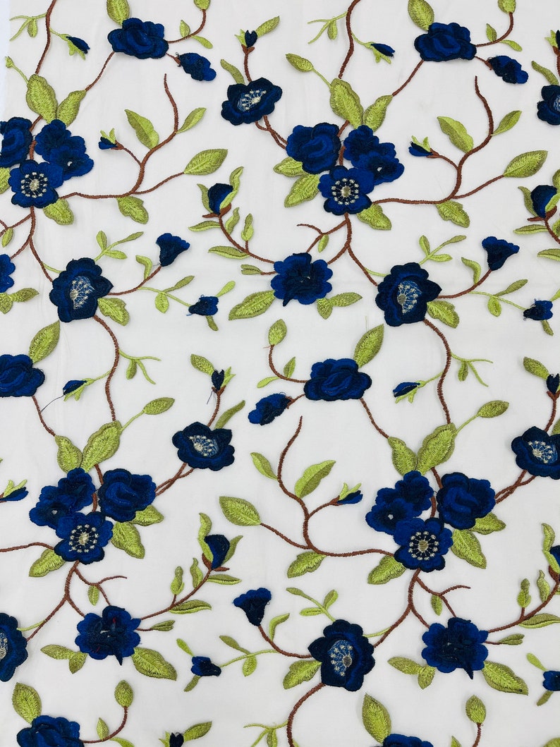 Royal Blue Floral and Leaves Embroidery on a Mesh Lace Fabric - Etsy