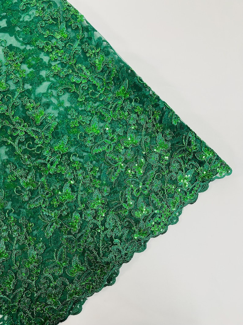 Hunter Green Hologram Sequin Butterfly Lace Fabric: Metallic Corded ...