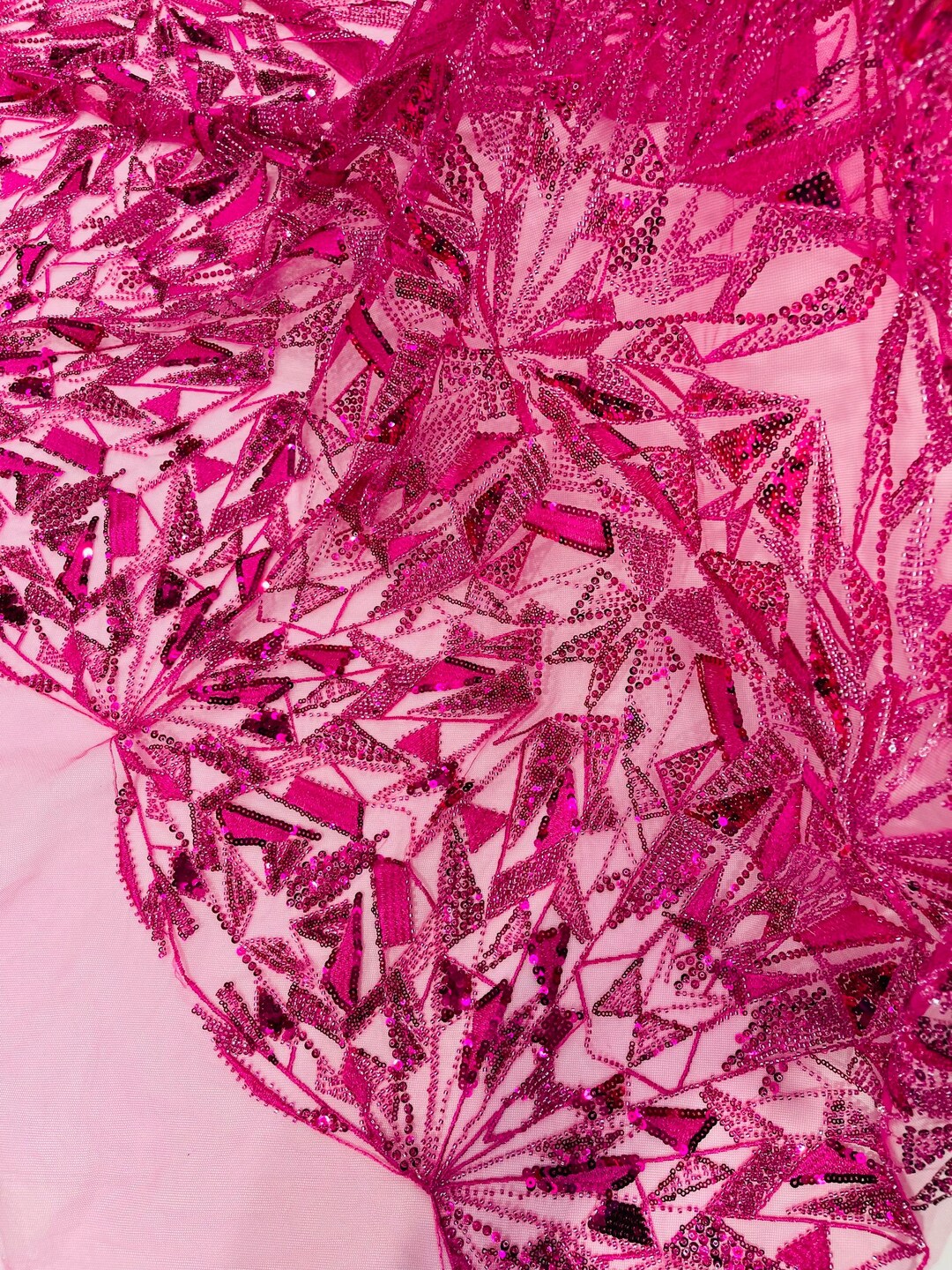 Fuchsia Beaded Fabric by the Yard, Luxury Geometric Design Beads and ...