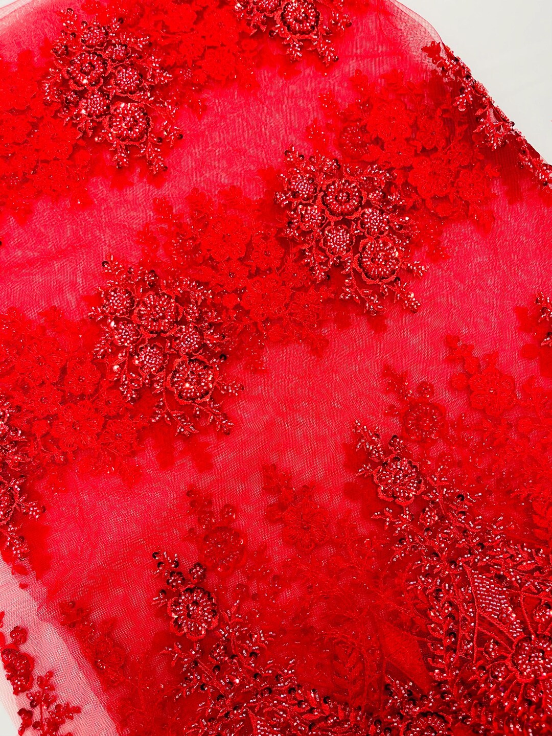 Red Embroidery Beaded Fabric With Sequin on a Mesh, JP Desing Beaded ...