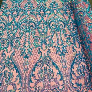 Iridescent Turquoise Sequin Fabrics on Mauve Mesh - 4 Way Stretch ...