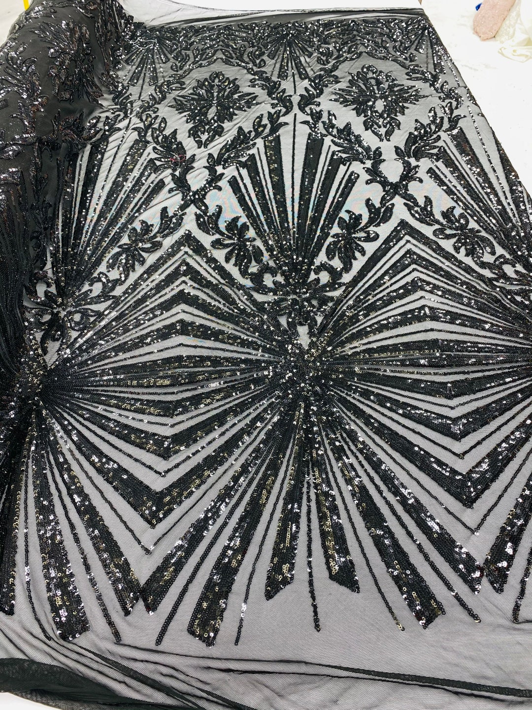 Black Sequins Lace Fabric on a Mesh, Geometric Design Embroidered on 4 ...