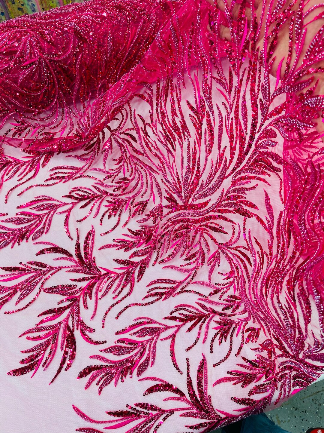 Fuchsia Beaded Fabric by the Yard, Bridal Beaded, Damask Pattern With ...