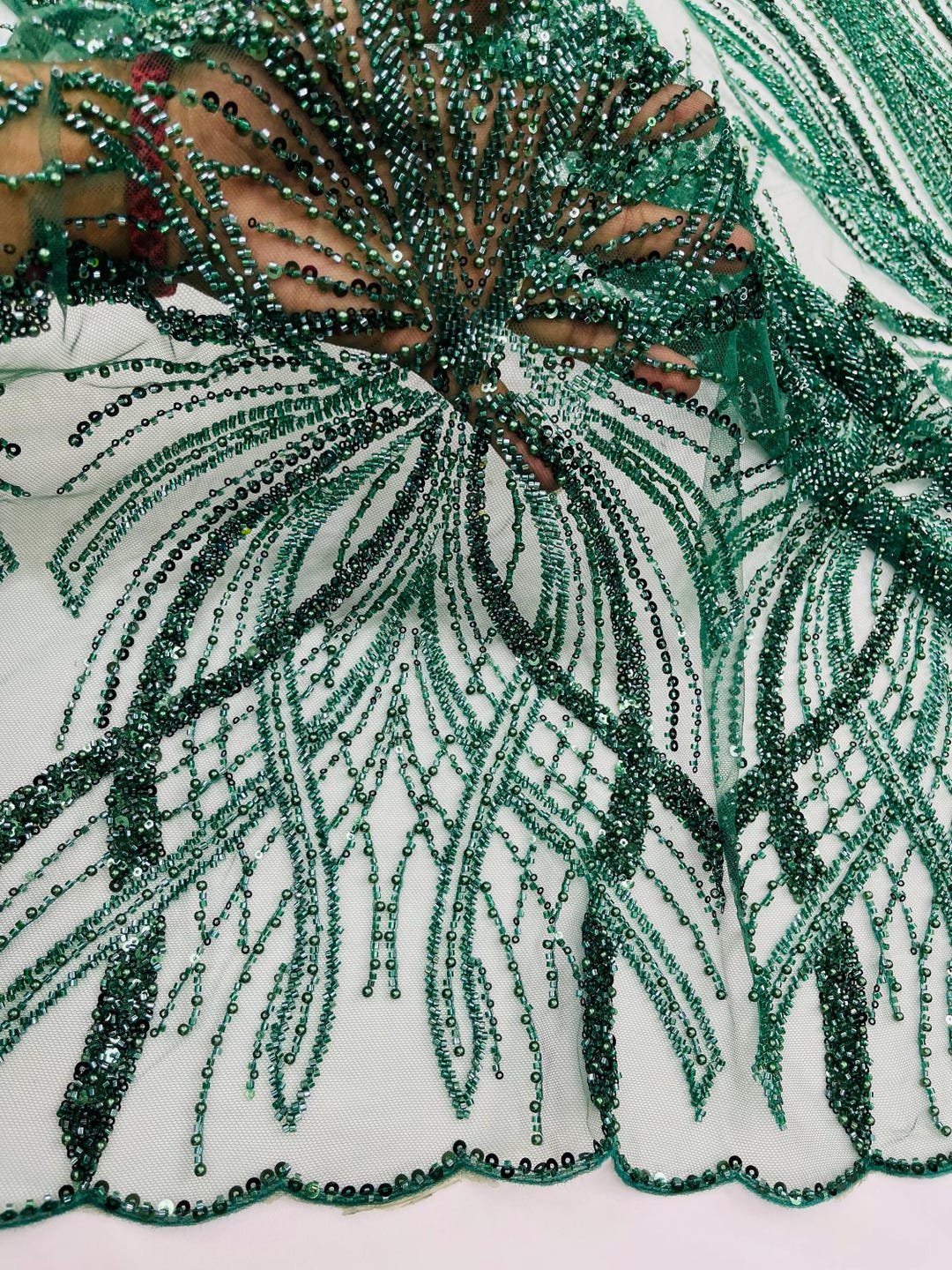 Hunter Green Embroidery Beaded Fabric With Sequin on a Mesh, Beaded ...