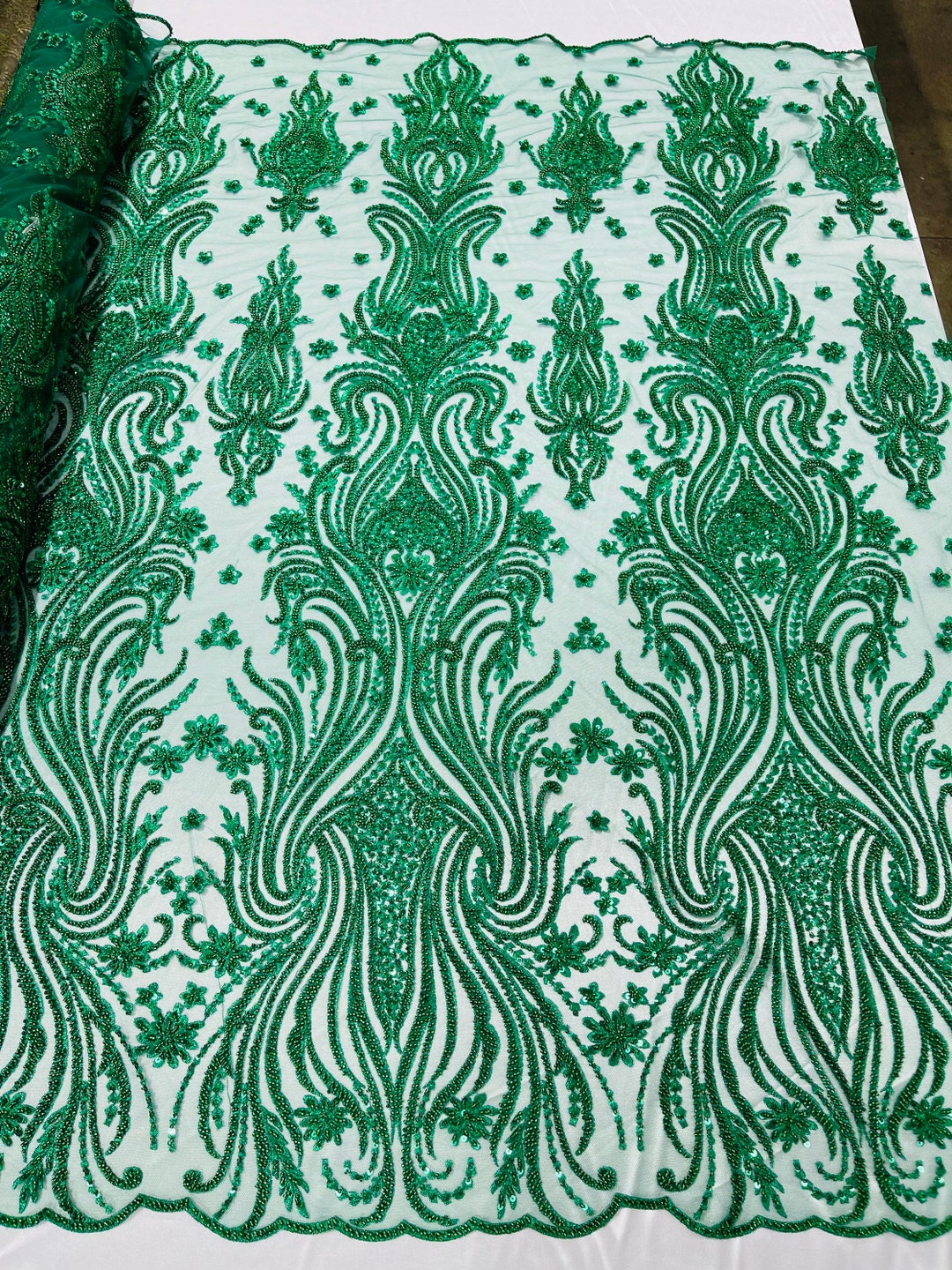 Emerald Green Floral Design - by the Yard - Beaded Fabric, Embroidered ...