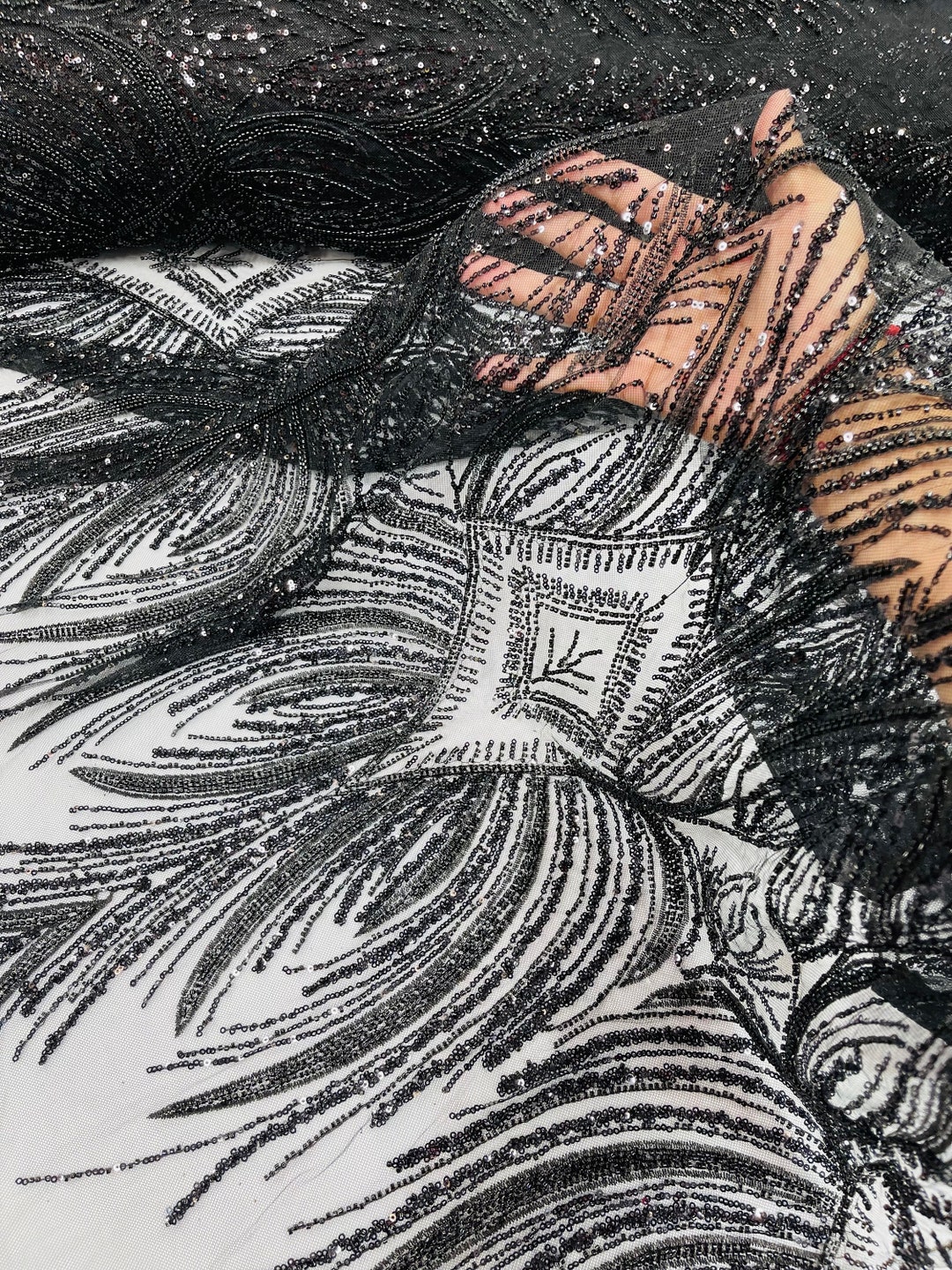 Black Beaded Damask Fabric: Sequin Appliqué Lace, Bridal/prom - Etsy