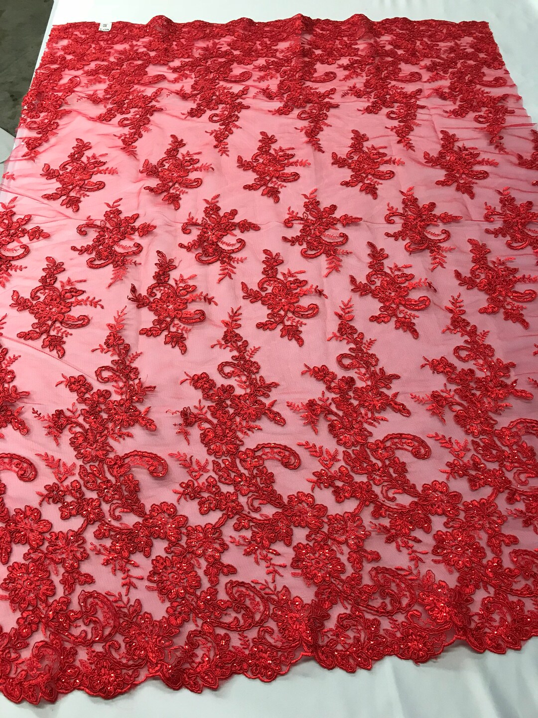 Red Flower Lace Fabric - Floral Clusters Embroidered With Sequins on a ...