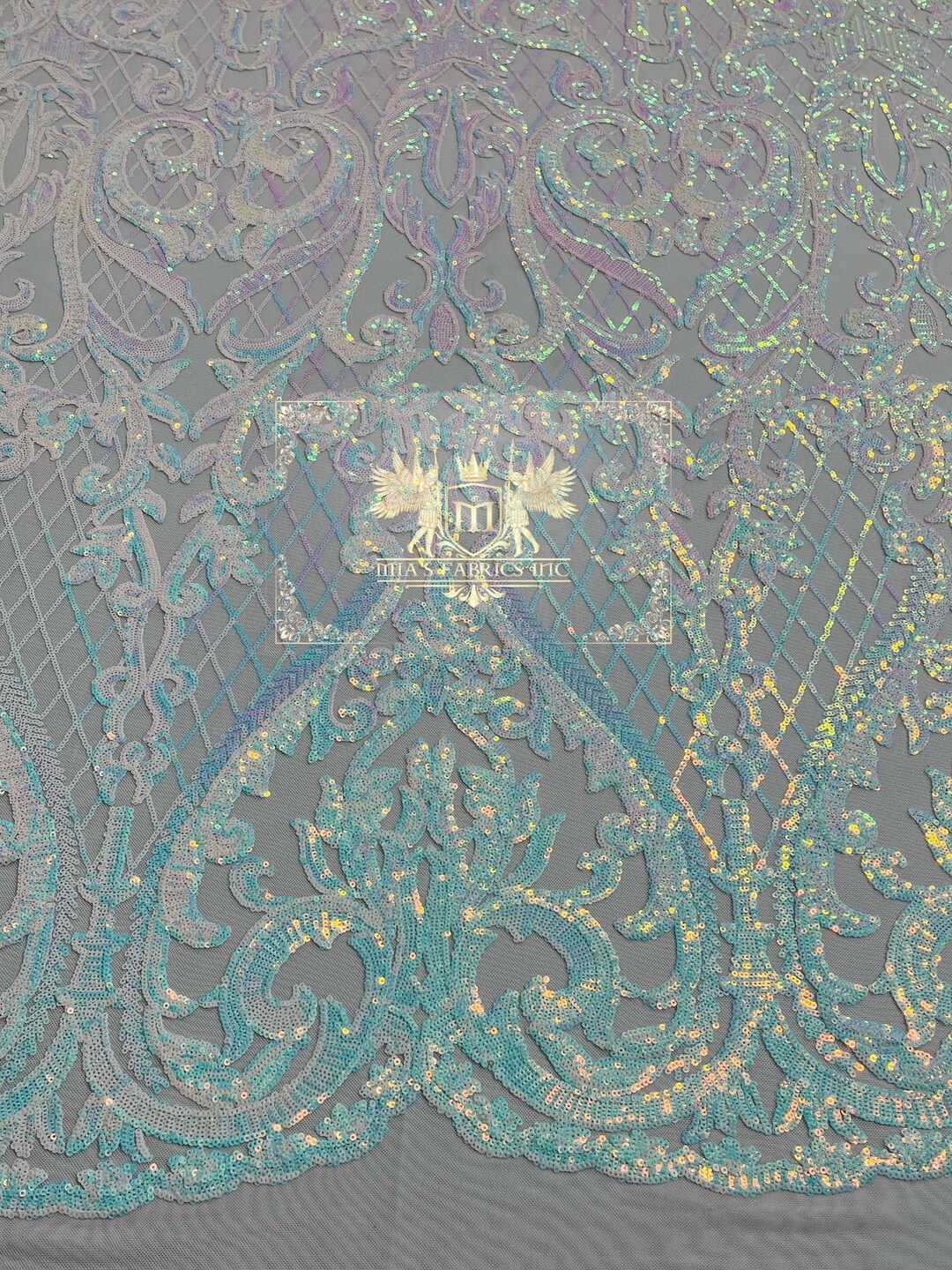 Blue/white Iridescent Sequins Fabric | White 4way Stretch Mesh ...