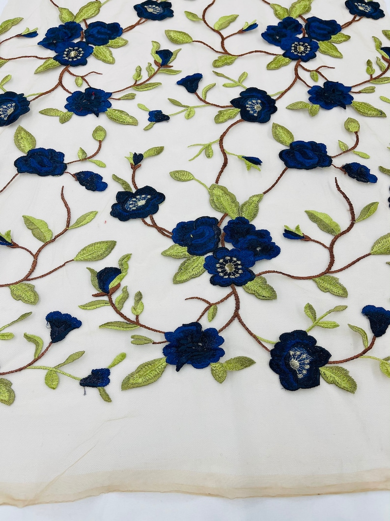 Royal Blue Floral and Leaves Embroidery on a Mesh Lace Fabric - Etsy