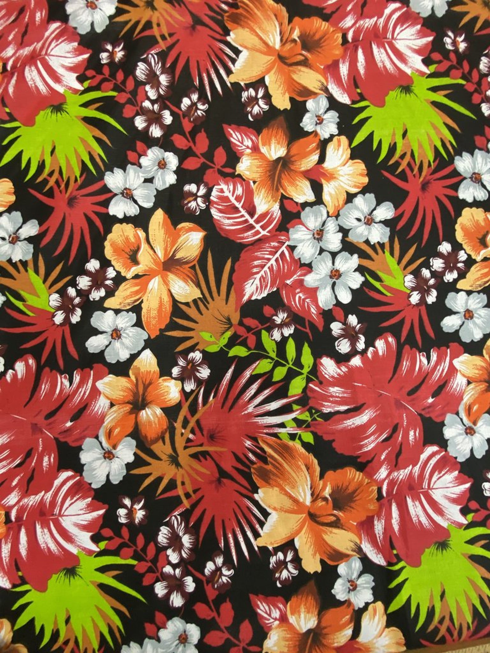 Mia's Fabrics Inc Red/Black Hawaiian Print Tropical Poly | Etsy