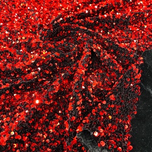 Red Sequin Fabric on Black Stretch Velvet - by the Yard - All Over 5mm ...