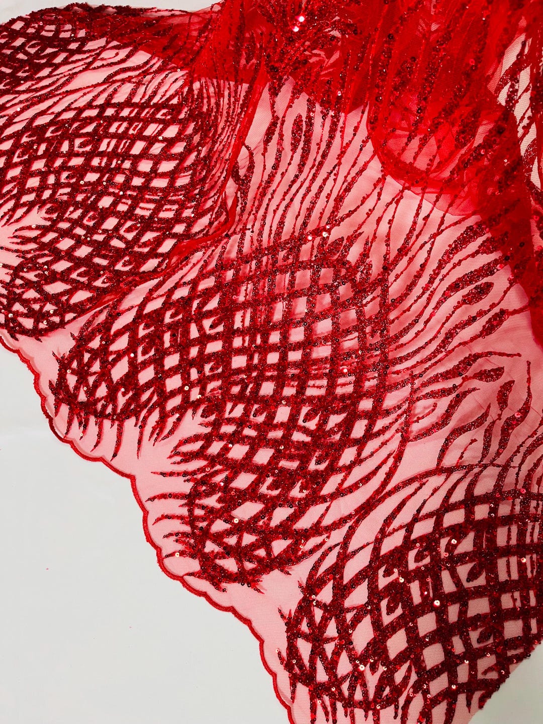 Red Beaded Fabric by the Yard, Bridal Heavy Beaded, Damask Pattern With ...